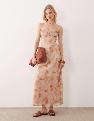 Kiss The Sky Cameron - Maxikleid mit ger&uuml;schtem Oberteil, asymmetrischem Schnitt und Blumenmuster in Pfirsich-Orange