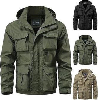 Generic Veste tactique à capuche pour homme, veste de randonnée imperméable multi-poches, coupe-vent de style militaire, veste de combat utilitaire à fermetur