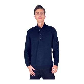 C.P. Company C.p. Company, Homme, Pulls, Bleu, Taille: XL Pull &agrave; Demi-Boutons en Laine M&eacute;rinos Feutr&eacute;e