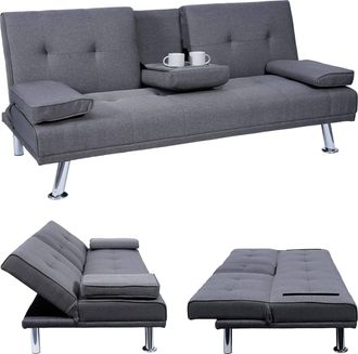 Mendler 3er-Sofa HWC-F60, Couch Schlafsofa Gästebett, Tassenhalter verstellbar 97x166cm - Textil, dunkelgrau