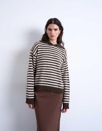 Topshop Gestreifter Oversize-Strickpullover mit einfarbigem Kragen-Schwarz