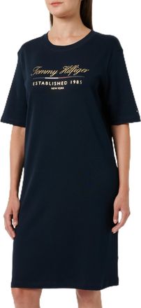 Tommy Hilfiger Damen T-Shirt Kleid Script Graphic Dress Kurzarm, Blau (Desert Sky), XS