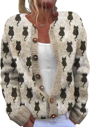 Onsoyours Femme Cardigan Manches Longues Mode Veste Courte Lâché Gilets en Tricot Imprimé Chandail Chaud Bouton Ouvert Blouson Sweater Automne Hiver Manteau Cha