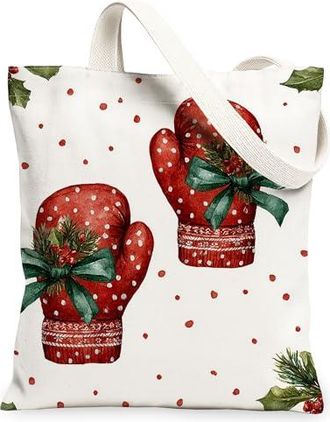 Generic Sacs fourre-tout en toile de vacances, sacs &agrave; provisions r&eacute;utilisables, motif moufles festives, imprim&eacute; joyeux, l&eacute;ger, lavable, &eacute;paule F, Rouge, 13x15