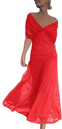 Generic Robe &eacute;l&eacute;gante en maille pour femme - Pour mariages et soir&eacute;es - Robe aquarelle &eacute;l&eacute;gante et fluide - Robe tunique &agrave; manches longues - Rouge, Rouge past
