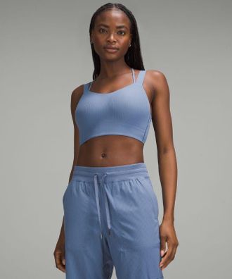 lululemon Like a Cloud Gerippter Longline-BH Leichter Halt D/DD-Cups f&uuml;r Frauen - Gr&ouml;&szlig;e 14 in Oasis Blue