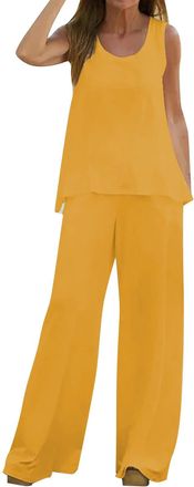Generic Sommer Set Damen Outfit- Zweiteiler Tank Top Damen Weite Hose, Damen Set Hose und Oberteil Hosenanzug Elegant 2 Teiler Ärmellose Leicht Luftige Tankto