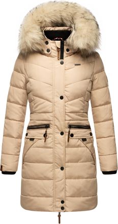 Navahoo Damen Wintermantel Warmer Steppmantel lang mit Abnehmbarer Kunstfell-Kapuze Paula Beige Gr. XXL