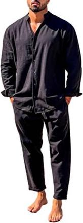 Onsoyours Homme Survêtement Ensemble Été 2 Pièces Hommes Pyjama en Lin Manches Longues Chemise Et Pantalons pour Sports Fitness Jogging Décontractée A Noir L