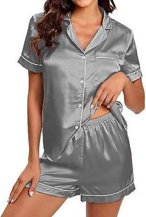 Generic Ensemble de v&ecirc;tements de d&eacute;tente en satin pour femme - Ensemble de pyjama court en satin de soie pour femme - Short deux pi&egrave;ces - Short de nuit bouton