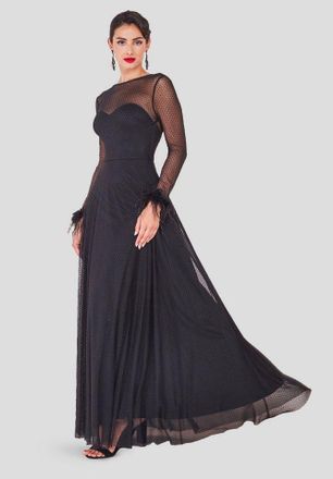 Goddiva Maxikleid Dobby Mesh Feather Sleeve Hem Maxi Dress langes Kleid, R&uuml;ckenausschnitt, mit Futter