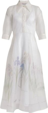 Alberta Ferretti Femme, Robes, Blanc, Taille: 38 FR Robe chemise en organza de soie avec imprim&eacute; Iris