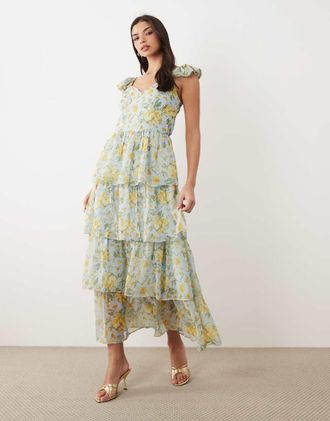 Vero Moda Gestuftes Chiffon-Maxikleid mit zartem Blumenmuster und Flatter&auml;rmeln-Mehrfarbig