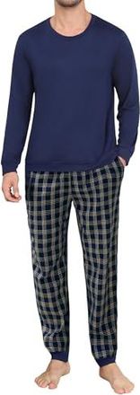 Ekouaer Ensembles de Carreaux Pyjama Homme Pyjama Hiver Manches Longues Loungewear à Cordon Coulissant, Bleu marine1, XL