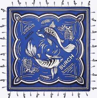 Tory Burch Damen Quadratisches Seidentuch mit Fisch-Print