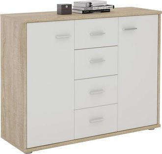IDIMEX Buffet ELODIE en m&eacute;lamin&eacute; gris mat - 4 tiroirs et 2 portes - D&eacute;cor ch&ecirc;ne sonoma - R&eacute;sistant aux frottements et facile &agrave; nettoyer