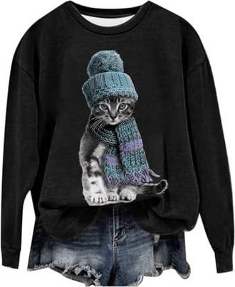 Generic Sweat-shirt tendance dautomne 2024 pour femmes et filles, nouveauté pour femmes, avec imprimé Mignon chat, col rond, manches longues, décontracté, san