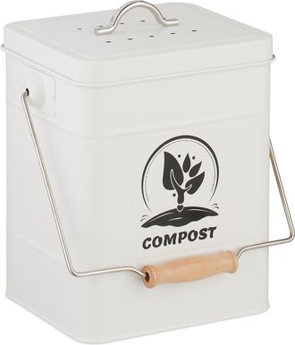 Relaxdays Komposteimer Küche, 6 l, Kleiner Mülleimer, Deckel und Geruchsfilter, Metall, Abfalleimer Biomüll, weiß