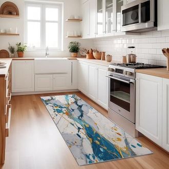 Generic Tapis de Couloir Moderne Abstrait &Eacute;claboussure dencre Marbre - Bleu Lavable Tapis de Couloir pour Interieur Chambre &agrave; Coucher Buanderie, 65 x 240 cm L