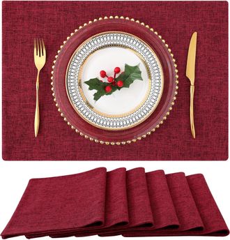 Homing Tischsets aus Baumwollleinen, waschbar, Bauernhaus-Esstischmatten f&uuml;r drinnen und drau&szlig;en, leicht zu reinigen, Rot, 33 x 48 cm, 6 St&uuml;ck