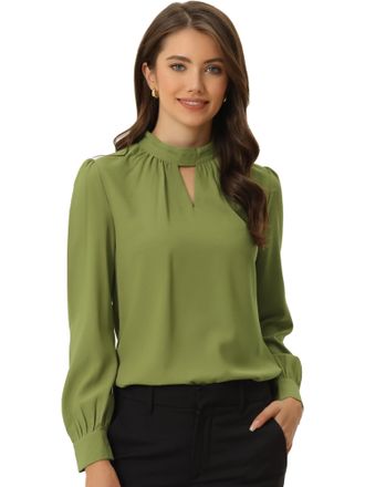 Allegra K Damen B&uuml;ro Oberteil Langarm V-Ausschnitt Stehkragen Cut Out Elegante Top Bluse Gr&uuml;ne XL