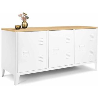 IDMarket Idmarket - Buffet bas 113 cm ester 3 portes m&eacute;tal blanc plateau bois design industriel