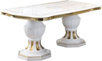 Les Tendances Table &agrave; manger rectangulaire extensible bois vernis laqu&eacute; brillant blanc et dor&eacute; Lesly 185 &agrave; 230cm