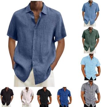Generic Chemise en lin à manches courtes pour homme - Chemise dété en coton et lin - Manches courtes - Légères - Couleur unie - Chemise dété confortable - Cou