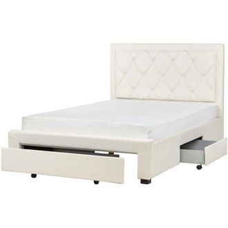 Beliani Polsterbett Hellbeige Samtstoff 3 Schubladen Lattenrost 140x200 cm mit Hohem Kopfteil im Chesterfield Stil Knopfheftung Glamour&ouml;s Schlafzimmer