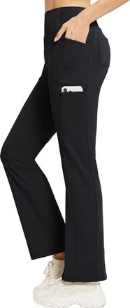 Baleaf Damen Thermohosen mit Taschen Flare Leggings Hohe Taille Bootcut Thermo Leggings Sweatpants Winter Yoga Hose Schwarz XXL