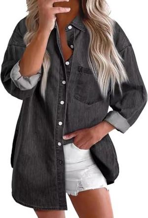 Generic Chemise en jean pour femme surdimensionnée décontractée boutonnée en jean chemisiers boyfriend ample à manches longues (gris, XXL) nuisette femme lin