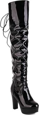 Generic Bottes pliss&eacute;es au-dessus du genou &agrave; lacets pour femme Talon &eacute;pais Plateforme Bout rond Cuisse Haute Mode Hiver F&ecirc;te Chaussures de discoth&egrave;que, Noir, 