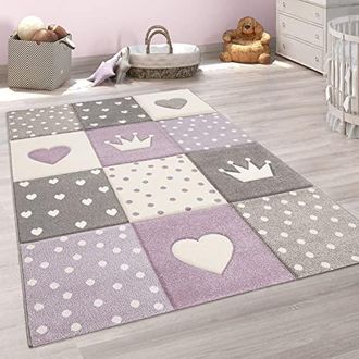 Paco Home Tapis Chambre Enfant Fille Garcon Pastel 3D Coeur Pois Couronne, Dimension:160 cm Rond