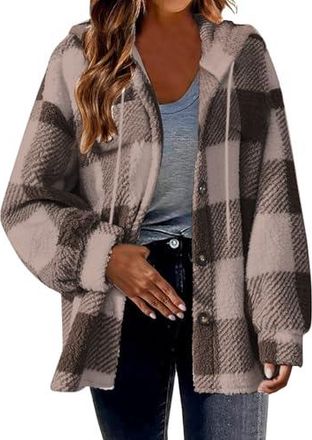 Generic Veste polaire en peluche pour femme - Manteau dhiver chaud en peluche à capuche avec boutons - Vêtement dextérieur tendance à carreaux pour cadeaux de