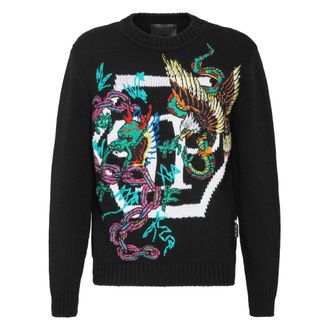 Philipp Plein Homme, Pulls, Noir, Taille: XL Wool Cotton Pullover Round Neck LS Tattoo Patches