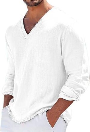 Generic Chemises de plage &agrave; col en V pour homme, hauts en coton et lin pour homme, chemises tendance et minimaliste, hauts confortables et r&eacute;guliers, chemise 