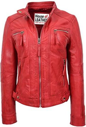 House Of Leather Annie Veste de motard en cuir véritable pour femme Rouge, Rouge, 44