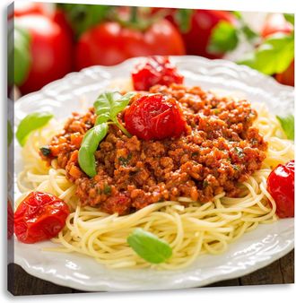 Pixxprint Spaghetti Bolognese auf dem Teller, Gr&ouml;&szlig;e: 40x40 cm, Leinwandbild Quadratisch, Wandbild, Kunstdruck, fertig bespannt