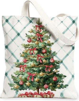 Generic Sacs fourre-tout en toile motif sapin de No&euml;l, sacs de courses r&eacute;utilisables, festifs, l&eacute;gers et lavables en toile pour cadeaux, voyage, plage, 33 x 3