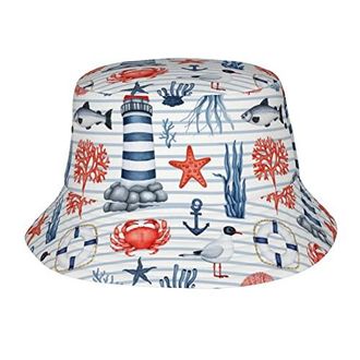 Generic Unisex Chapeau de Soleil Ancres de Phare rayées, Poisson, Pieuvre Chapeaux de Soleil de Plage Personnalisé Été Bouchon De Seau pour Été Adultes Plage