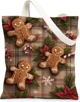 Generic Sacs fourre-tout en toile de pain d&eacute;pice de No&euml;l, motif biscuits r&eacute;utilisables, sacs d&eacute;picerie dhiver, rustiques, l&eacute;gers et lavables, marron, 13x15 In