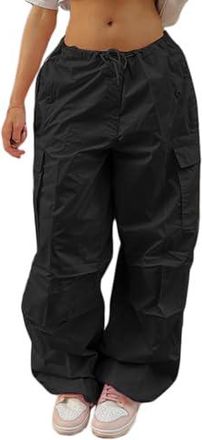 ORANDESIGNE Pantalon Cargo Ample Femme Décontracté à Taille Basse Y2K Pantalon de Jogging Hippie Jambe Large Hip Hop Streetwear Harajuku H Noir XS