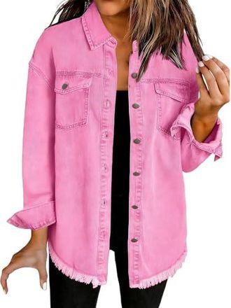 Generic Veste d&eacute;contract&eacute;e en jean &agrave; manches longues pour femme avec ourlet effiloch&eacute;, rose rouge, XXL