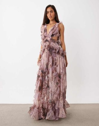 Asos Maxikleid mit tiefem Ausschnitt, Raffungen aus Chiffon, offenem R&uuml;cken und abstraktem Print-Multi