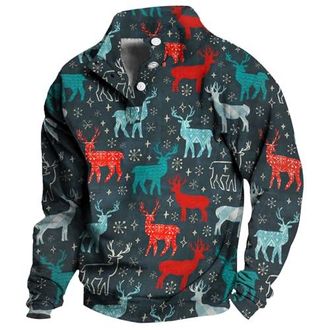 Generic Pull de Noël pour homme avec imprimé renne amusant - Polo de Noël 2025 - Col boutonné à manches longues - Pour lautomne et lhiver - Tendance et décont