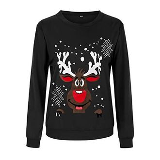 Generic T-shirts de No&euml;l classiques pour femmes, col rond, &eacute;pais, doux, imprim&eacute; cerf, manches longues, chemisier d&eacute;contract&eacute;, 2026, Noir, XL