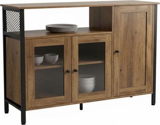 Relaxdays Armoire de cuisine Relaxdays avec portes vitr&eacute;es, H x L x P : 75 x 110 x 33 cm, buffet cuisine, en bois, brun/noir