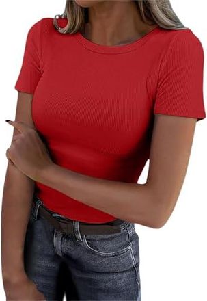Generic T-shirt &agrave; manches courtes pour femme - Col rond - Maille c&ocirc;tel&eacute;e - Coupe ajust&eacute;e - T-shirt basique d&eacute;t&eacute; d&eacute;contract&eacute;, rouge, M
