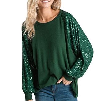 Generic Haut scintillant pour femme - T-shirt &agrave; manches longues d&eacute;contract&eacute; et tendance - Haut &agrave; paillettes - Grande taille - T-shirt de soir&eacute;e &agrave; paillettes -