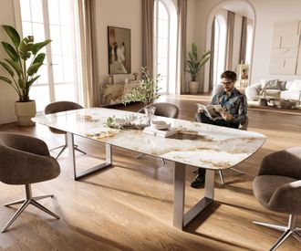 DELIFE Esstisch Edge Boot 260x120 cm Keramik Minas Melange Wei&szlig;-Beige Edelstahl Schmal, Esstische